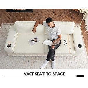 VanAcc Modern Sofa, 89in Comfy Couch with Cup Holders & USB Charging Ports, Offwhite Bouclé Couch- Deep Seat Sofa Couch for Living Room
