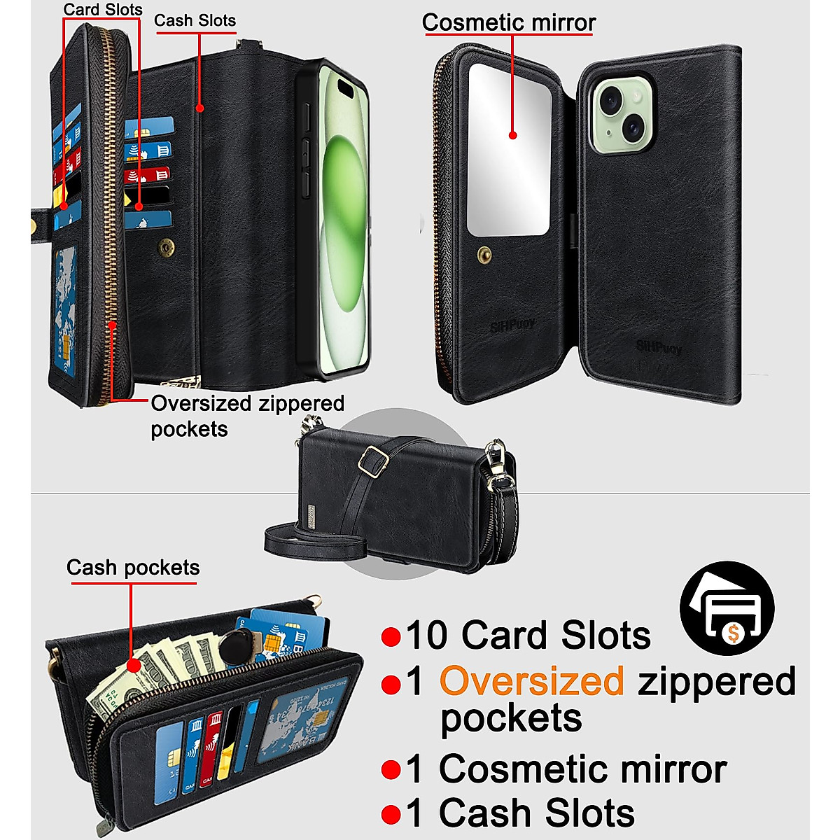 SiHPuoy Leather for Apple iPhone 15 Plus Wallet Case with Card Holder Kickstand, Phone Accessories for Woman Men Women, 2 Pack Screen Protector 2 Pack Camera Lens Cover, Black