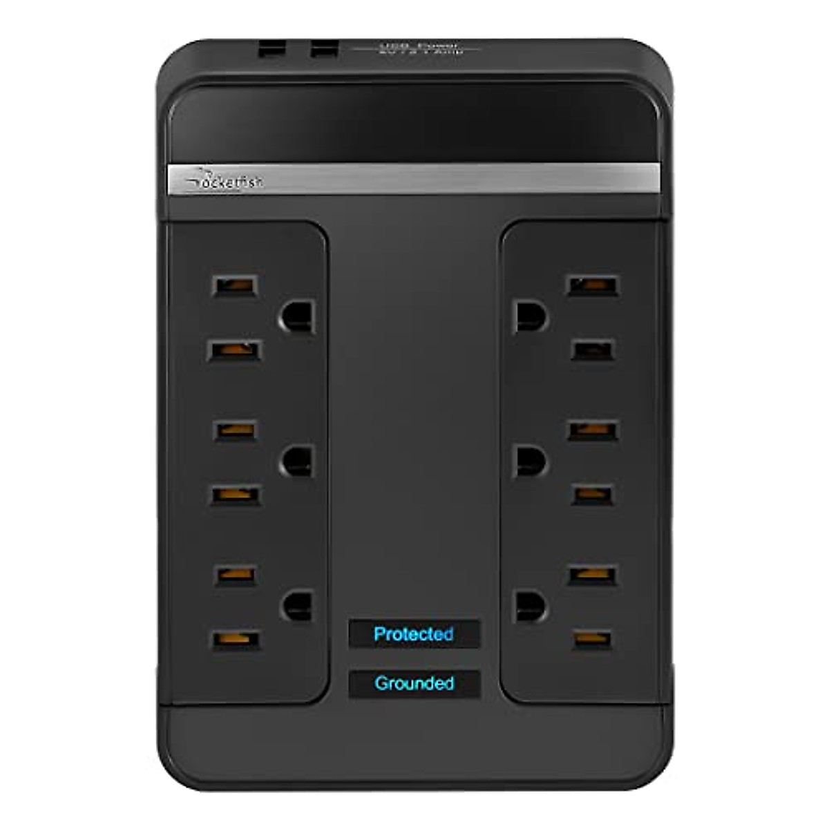 Rocketfish 6-Outlet/2-USB Swivel Wall Tap Surge Protector - Provides Protection & Convenient Mobile Phone Charging - Black