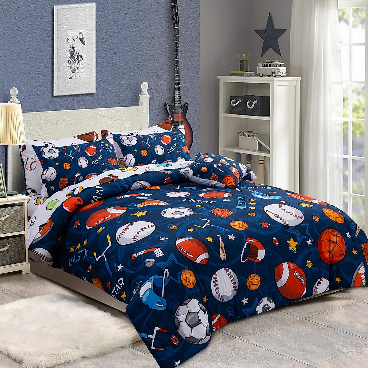 A Nice Night 6Pcs Bed in A Bag Full Sports Microfiber Modern Comforter Set,Navy Rugby Ball Printed Bedding Collections,for Boys Kids Teen