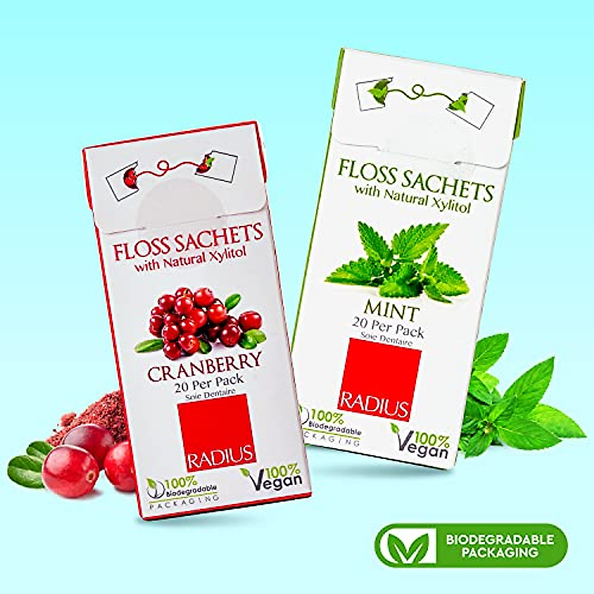 RADIUS Travel Vegan Dental Floss SACHET SINGLE Cranberry Vegan, 20 Count