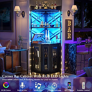 Aheaplus Corner Bar Cabinet with Power Outlet, Industrial Wine Cabinet with LED Strip and Glass Holder, 5-Tiers Liquor Cabinet Bar Unit for Home, Corner Display Cabinet for Small Space, Black