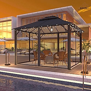 CASAINC Hardtop Gazebo 10x12 FT, Hardtop Gazebos with Double Roof, Aluminum Frame Permanent Outdoor Canopy, Patio Gazebo with Mosquito Netting for Patio Lawn Garden