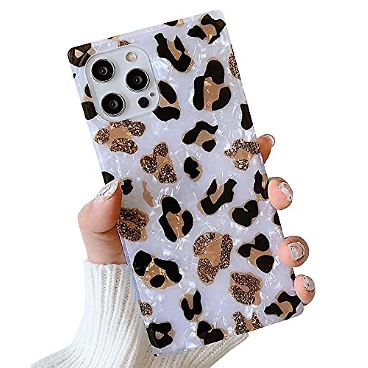 KERZZIL Luxury Sparkle Leopard Pattern Compatible with iPhone 12 Pro Max Square Case, Slim Golden Glitter Translucent Soft TPU Silicone Protective Bumper Cases Cover(White)