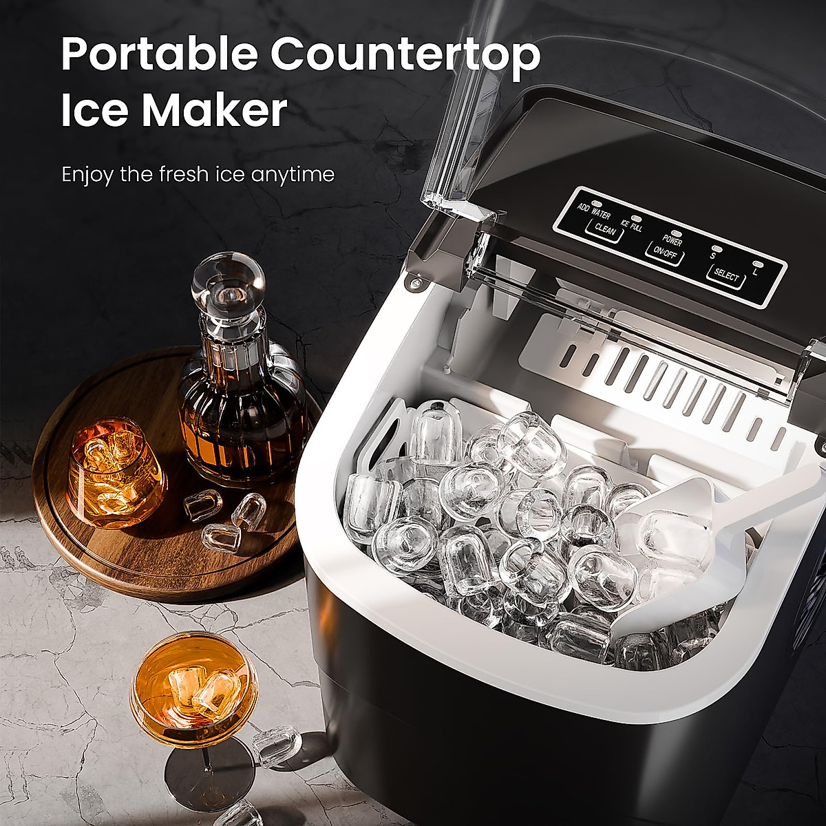 AGLUCKY Ice Makers Countertop with Handle,26.5Lbs/24H,9 Cubes in 6 Mins,2 Sizes of Bullet Ice,Portable Ice Maker Machine with Self-Cleaning,Perfect for Home Kitchen(Black)