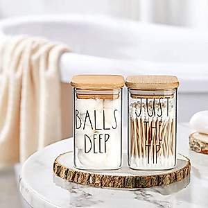 ALPIRIRAL Qtip Holder, Glass Cotton Ball and Qtip Holder Set , 2Pcs 10 Oz Qtip Dispenser with Bamboo Lids Cotton Swab Holder, Bathroom Canister Accessories Storage Organizer, Farmhouse Bathroom Decor