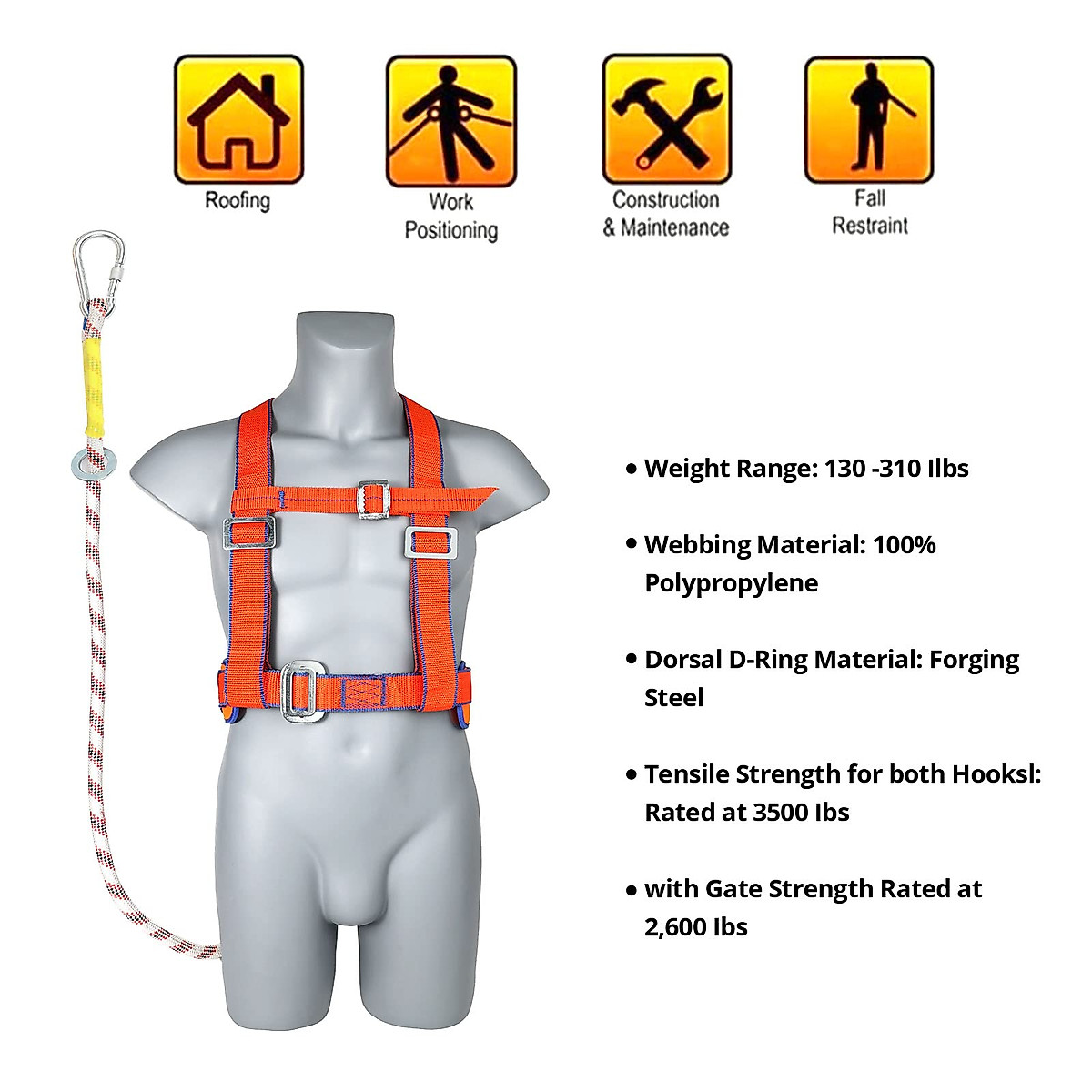 TRSMIMA Safety Harness Fall Protection - Half-Body Roofing Harness kit with 6 ft Lanyard and Padded Shoulder - OSHA/ANSI Compliant