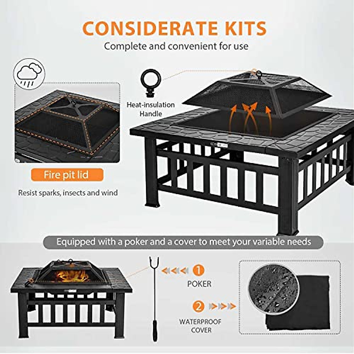 32in Firepit with Spark Screen,Square Firepit with Waterproof Cover, Poker,3 in 1 Patio Firepit Table BBQ Garden Stove for Outside Wood Burning and Drink Cooling