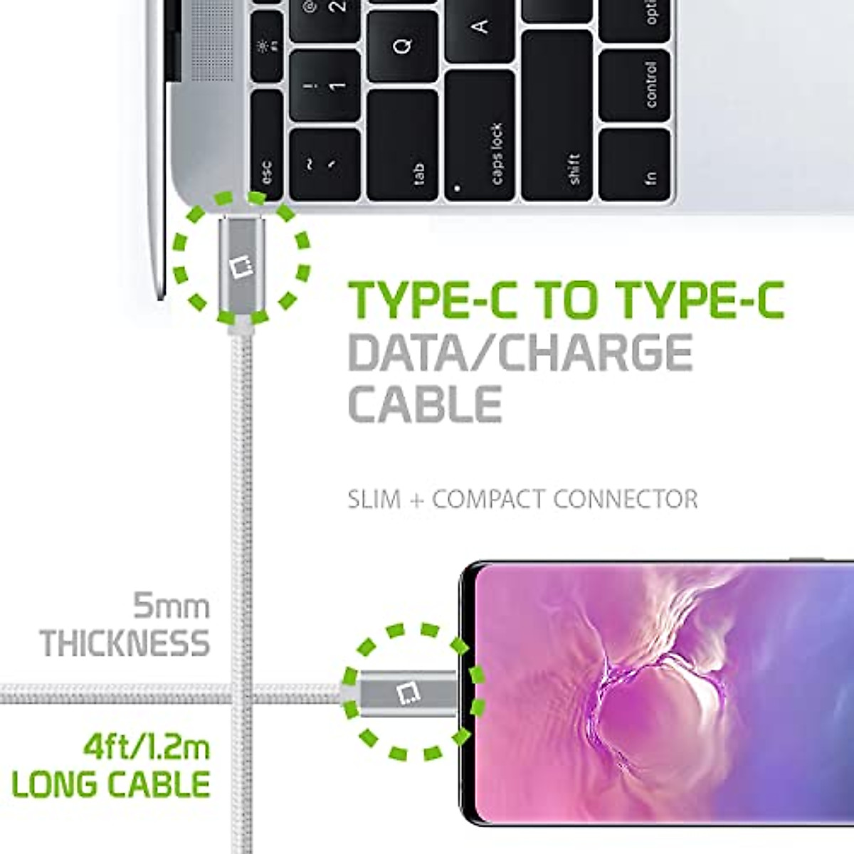 Dual USB-C/PD 60W Fast Charging Cord Compatible with vivo V20 2021 Plus 5Gbps Data Transfer for Power Delivery Hi Capacity Charging (Black)