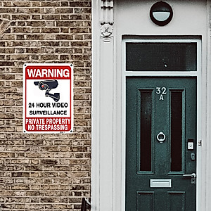 24-Hour Video Surveillance Warning Sign Set of 4 - Aluminum, 10x7 Inches, UV Printed, Deterrent for Private Property Trespassing, No Trespassing Alert Plaque