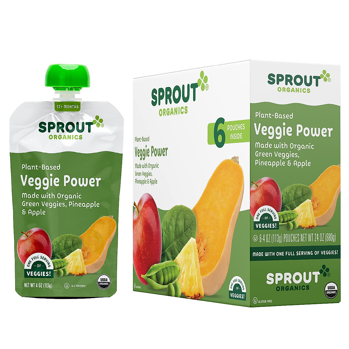 Sprout Organic Baby Food, Stage 4 Toddler Pouches, Green Veggie Power Pack, 4 Oz, Pack of 12