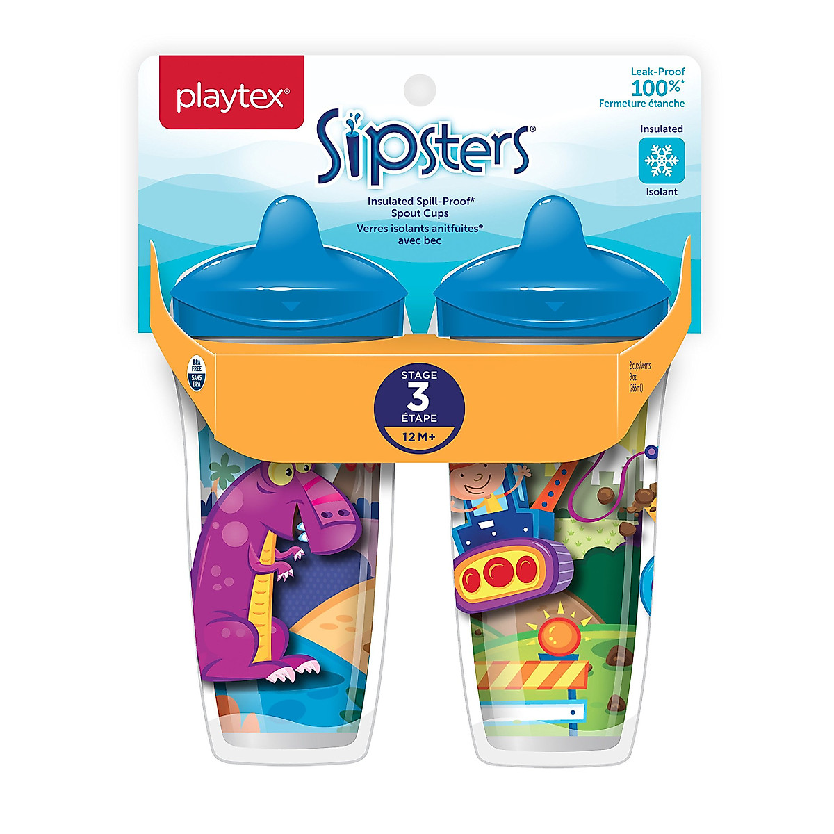 Playtex Sipsters Stage 3 Spill-Proof, Leak-Proof, Break-Proof Insulated Spout Sippy Cups for Boys - 9 Ounce - 2 Count