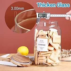 1 Gallon Large Glass Cookie jar with Airtight Acacia lids - Thicken Big Food Storage Containers with 42 Kitchen Waterproof Pantry Labels Preprinted - Clear Glass Canister for Flour, Rice, Coffee
