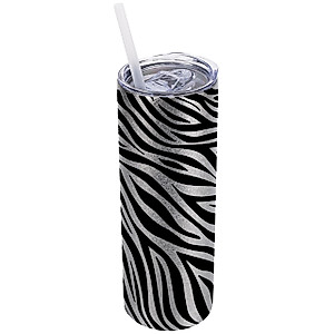 Elanze Designs Zebra Animal Print Wrap-Around Design 20 Ounce Insulated Stainless Steel Coffee Travel Tumbler Mug Cup, Slide Top Lid & Reusable Straw, Silver Sparkle Glitter