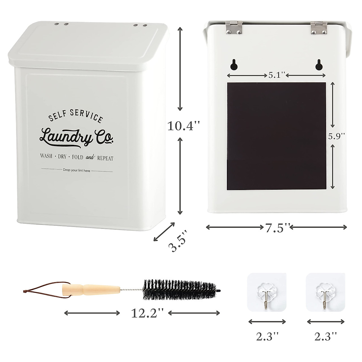 MONJITA Magnetic Lint Bin for Laundry Room, Metal Trash Can with Lid for Dryer, Farmhouse Lint Holder, Laundry Co Sign, Laundry Room Storage Decor with Dryer Lint Brush(White)