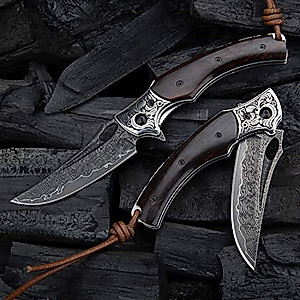 SPIRIT DEED 3.5in handmade japanese vg10 damascus steel blade folding pocket knife for men and women,leather sheath,ebony wood handle,liner lock,edc outdoor knives for camping