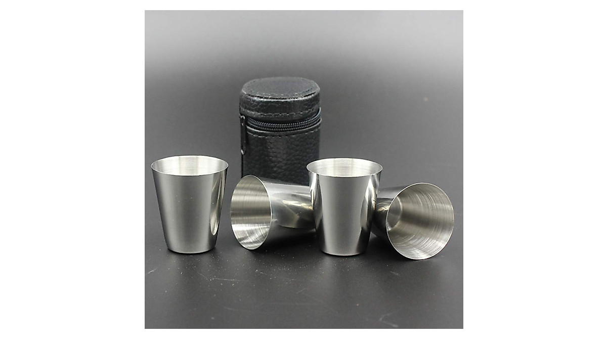 Stainless Steel Shot Cups with Leather Case - 4 Pack