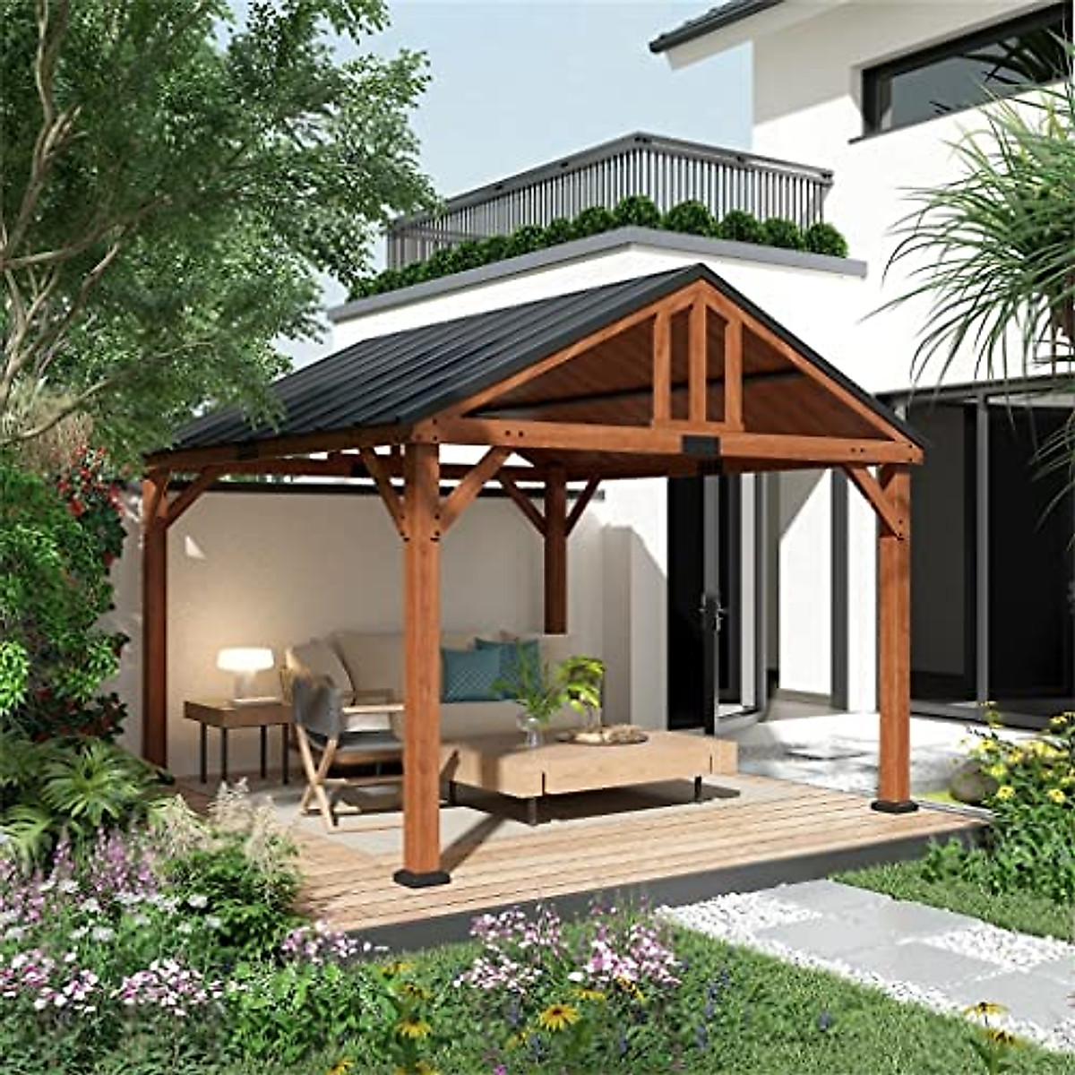 BHVXW 12' x 11' Hardtop Gazebo with Wood Frame and Waterproof Asphalt roof, Gazebo Canopy for Garden, Patio, Backyard