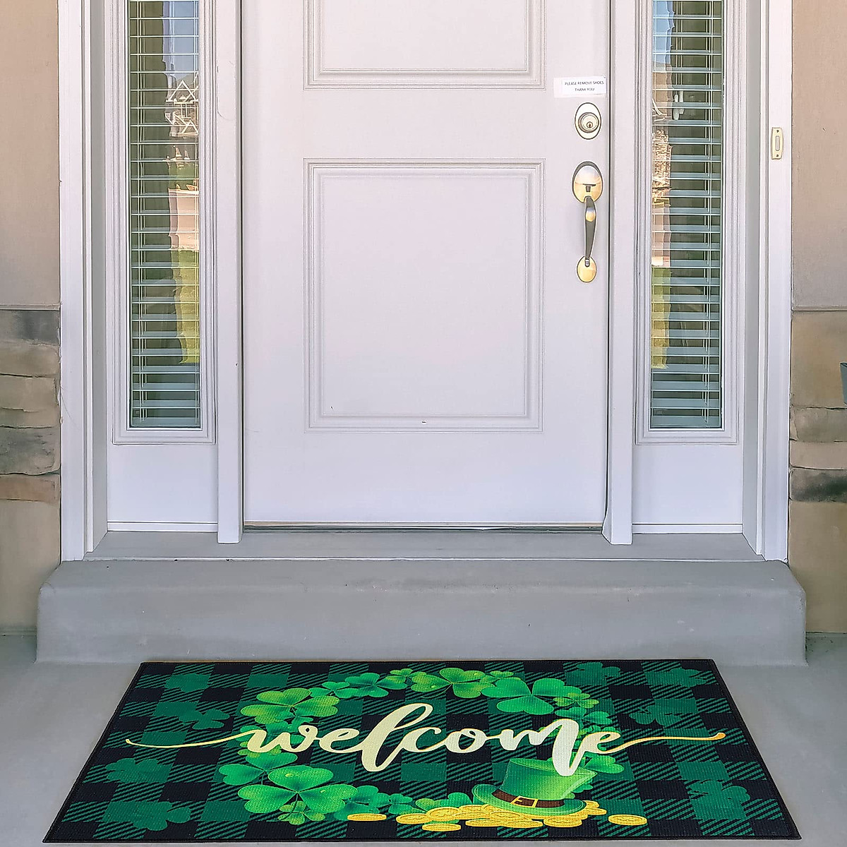 Whaline St. Patrick's Day Doormat Lucky Shamrock Welcome Floor Mat Green Black Buffalo Plaids Felt Front Door Rug for Irish Holiday Spring Indoor Outdoor Kitchen Bedroom, 23.6 x 15.7 Inch