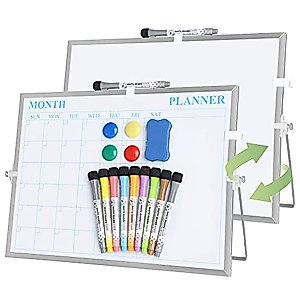 White Board, Jorking Dry Erase Calendar 16”x12” Magnetic Desktop Whiteboard with Stand, Monthly whiteboard for Wall Portable Double-Sided Dry Erase Board for Kitchen, Office, School, Gift idea, Silver