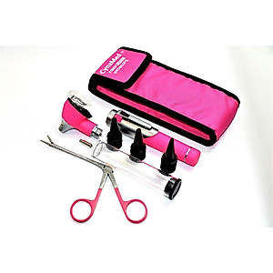 Premium Student Home Use Led Bright Light Ent Diagnostic Otoscope Pocket Size Pink Plus Alligator Ear Nose Forceps Plus 1 Extra Replacement Bulb Plus 10 Speculas Cynamed
