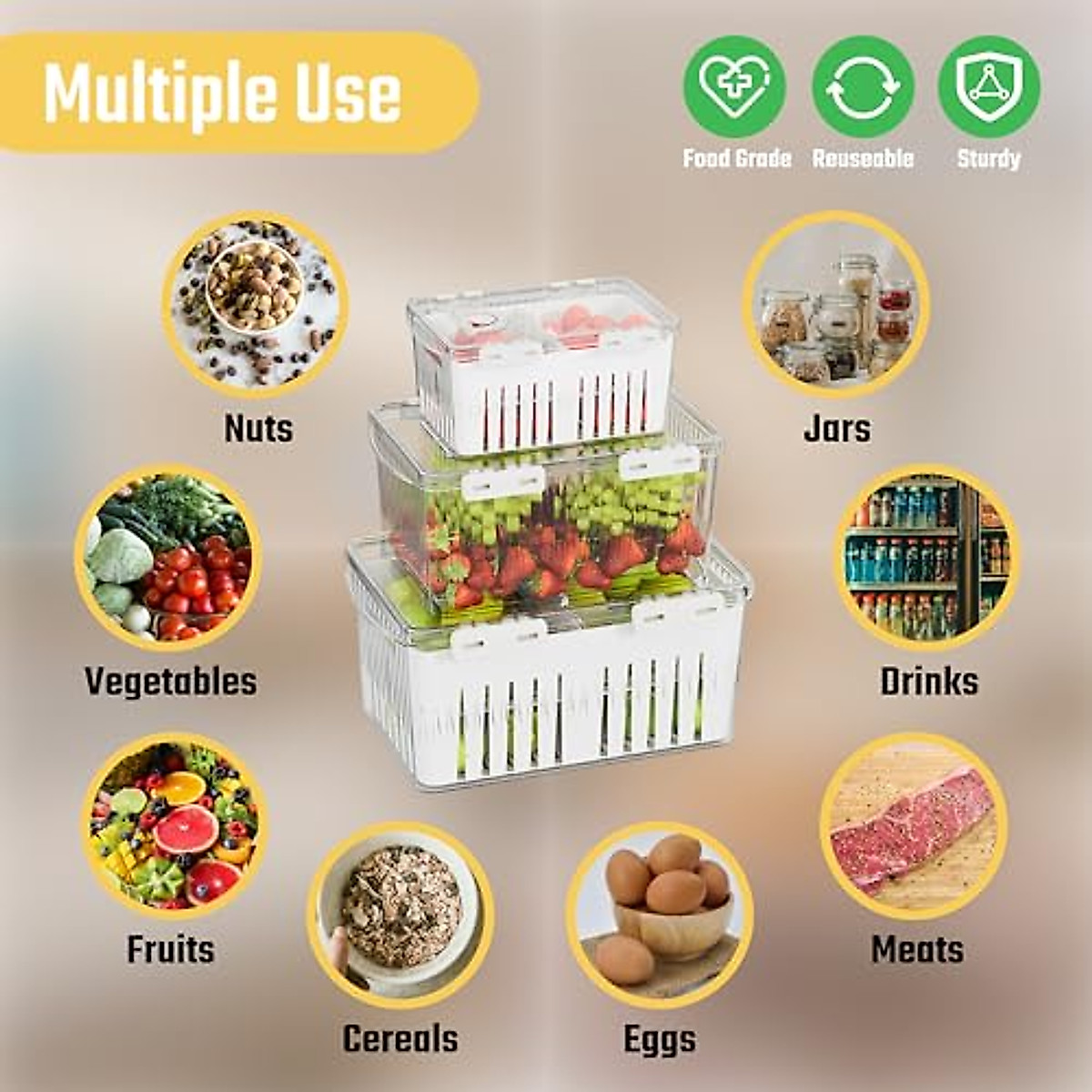 HausArtX Large Fridge Organizer Bins, Fridge Fruit Storage Containers with Removable Colander, BPA-Free, for Keeping Meat, Vegetable, Egg & Fruit Fresh (3 Packs)