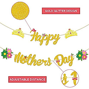 Partyprops Happy Mother's Day Banner Gold Glitter - Mother's Day Decorations - Mothers Day Party Decorations - Mother's Day Bunting Banner - Mothers Day Garlands - Mothers Day Family Photo Backdrop