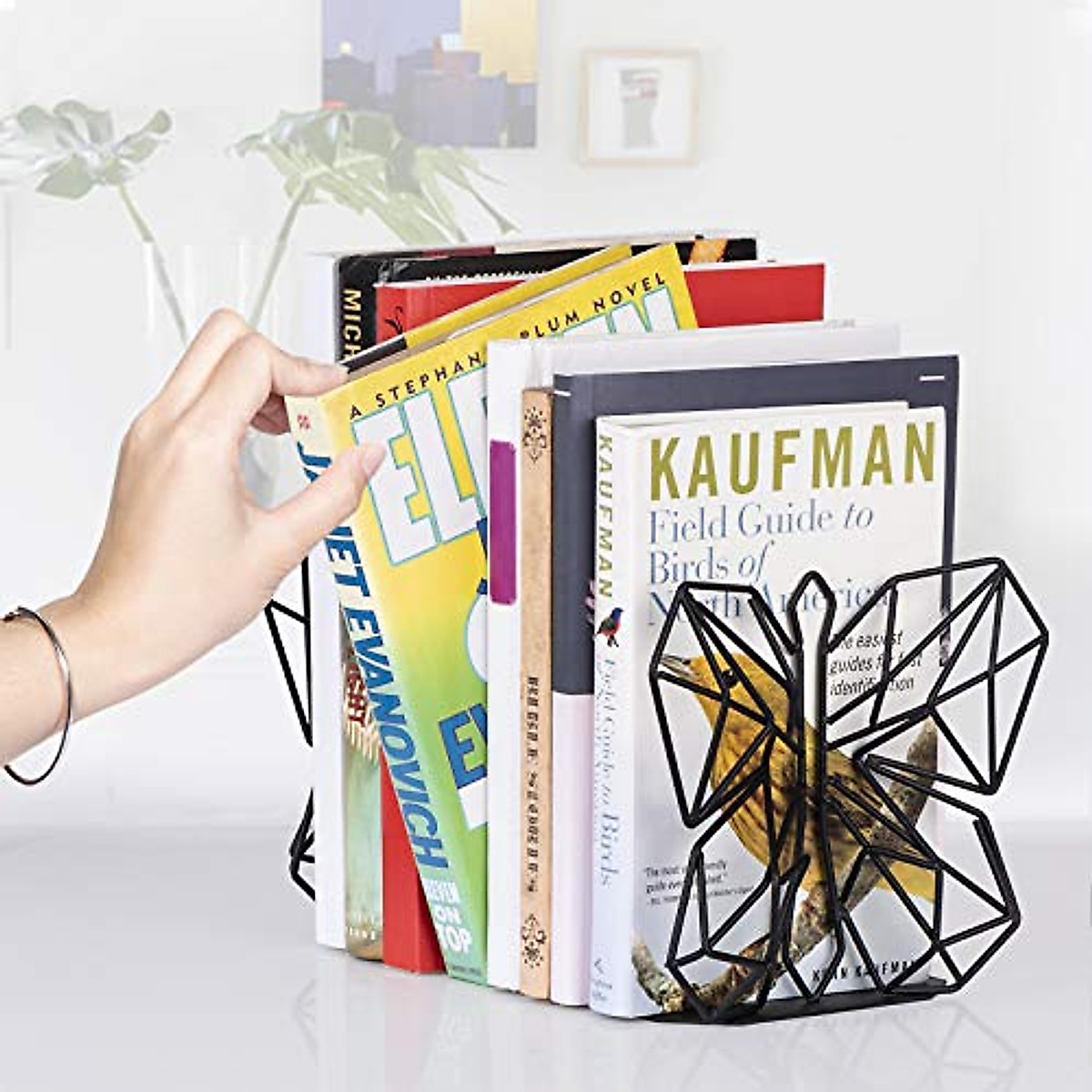 Alsonerbay Bookends Geometric Decorative Metal Book Stoppers Abstract Creative Book Supports, Book Holders for Shelves, Butterfly Book Ends for Office 1 Pair (Black)