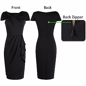VFSHOW Womens Ruffle Cocktail Office Party Twist V Neck Vintage Church Dress 2023 Ruched Waist Business Wedding Guest Bodycon Pencil Sheath Dress (Black, X-Large) 10350C BLK XL
