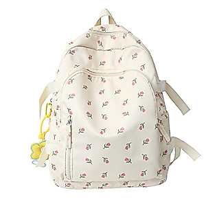 kakarin choyx Cute Backpack 16.1 Inch Kawaii Backpack Mori Art Floral Backpack With Pendant Aesthetic Backpack Classic Casual Computer Backpack (White)
