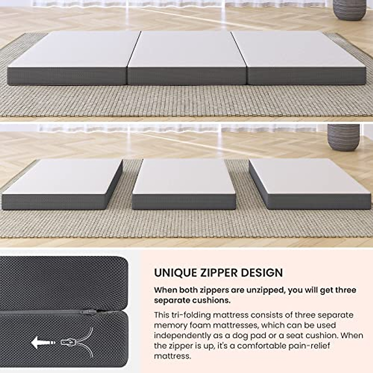 BedStory Folding Mattress with Carry Bag, Tri Fold Memory Foam Foldable Mattress with Washable Cover Non-Slip Bottom, Trifold Mattress Topper for Floor RV, CertiPUR-US Certified, Twin Size 4 Inch