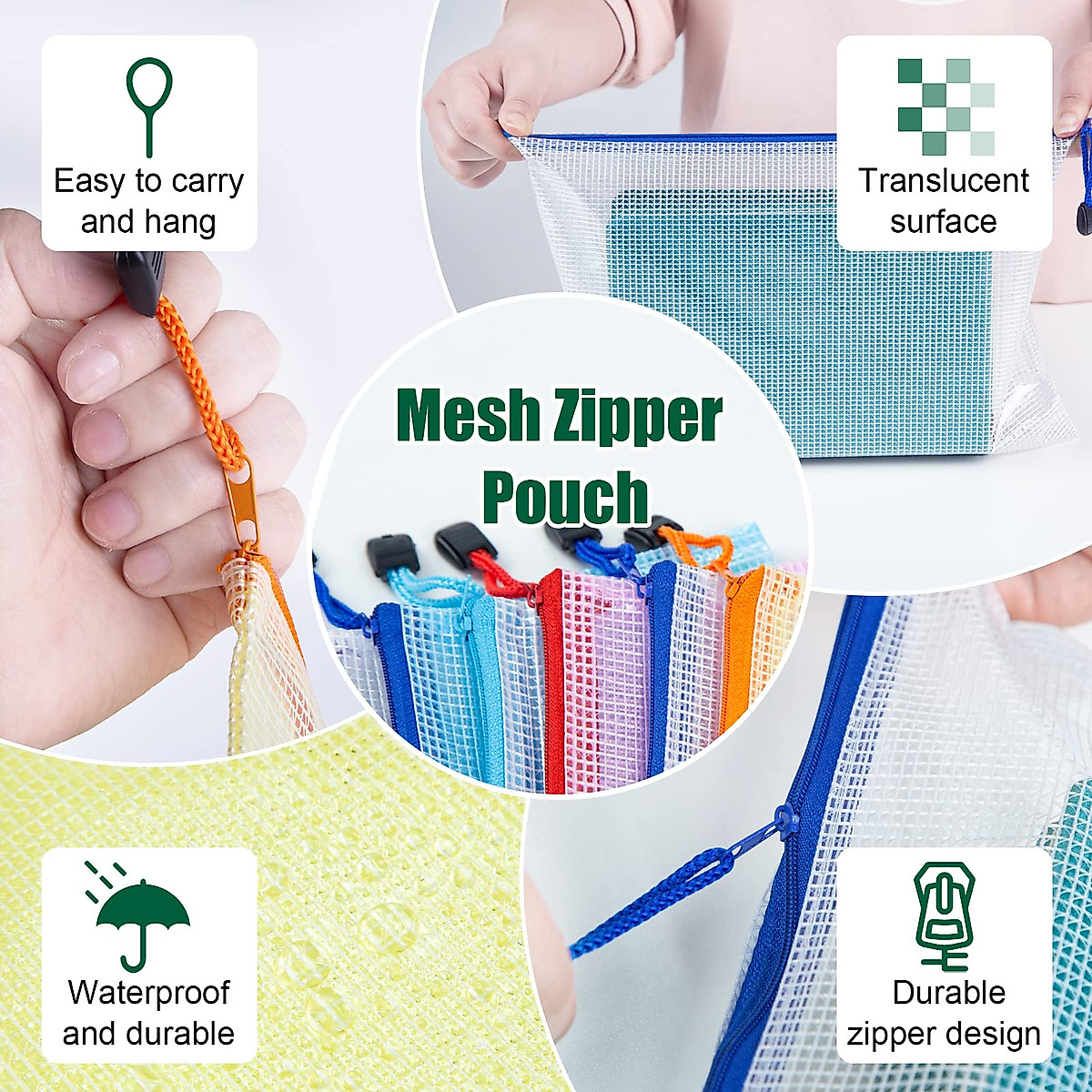 Koogel 12PCS Mesh Zipper Pouches, A4 Size Zipper Pouch for Organizing, Waterproof Zipper Bags Small Zipper Pouch for School Supplies, Office Supplies, Travel Storage