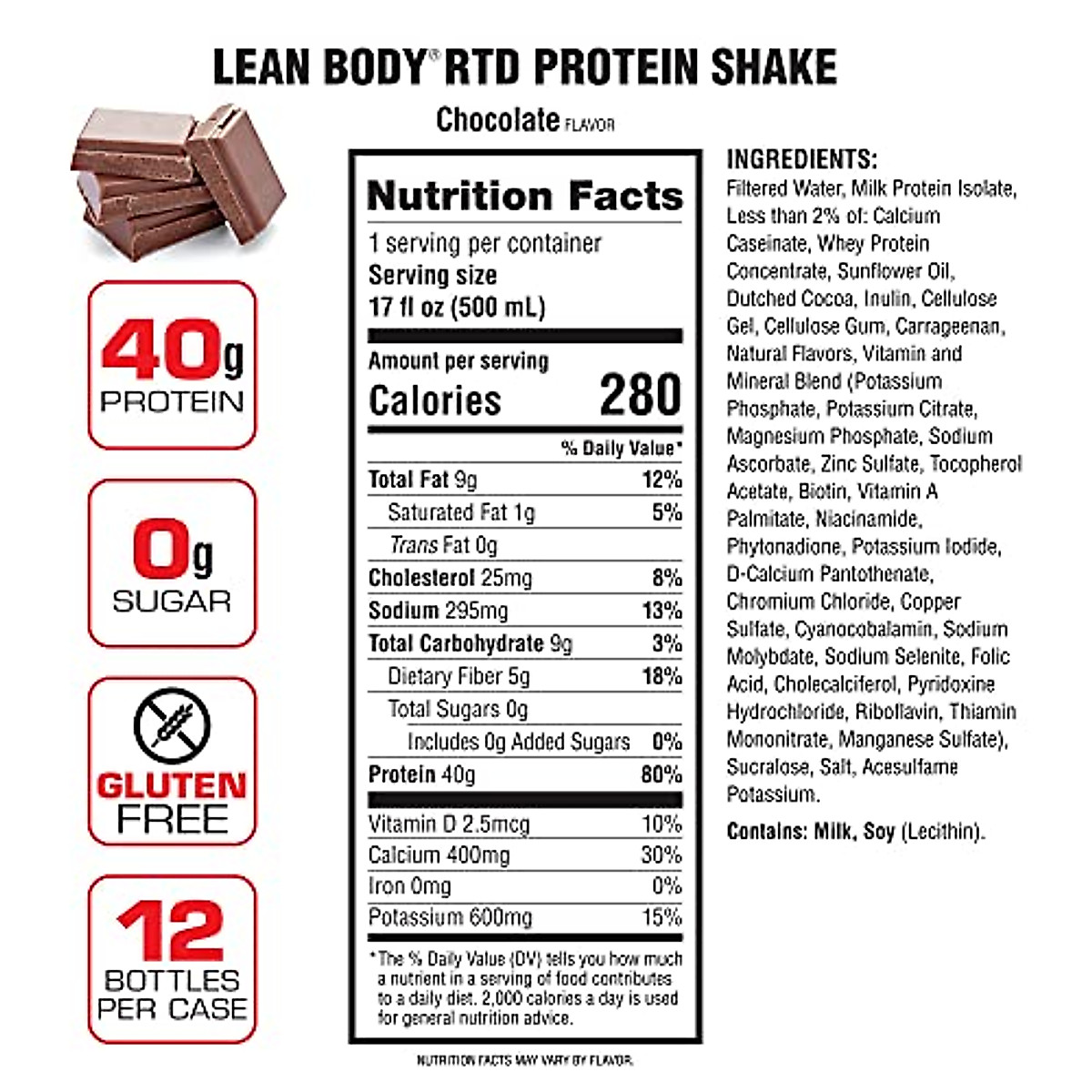 Lean Body Ready-to-Drink Chocolate Protein Shake, 40g Protein, Whey Blend, 0 Sugar, Gluten Free, 22 Vitamins & Minerals, LABRADA, 17 Fl Oz (Pack of 12)