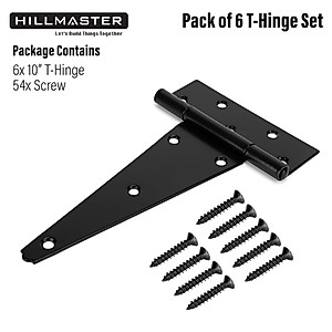 HILLMASTER 10 Inch T-Strap Heavy Duty Shed Door Hinges Gate Strap Hinges Black Tee Hinge Wrought Hardware for Wooden Fences,Yard,Barn Door,Rustproof (6 Pack)