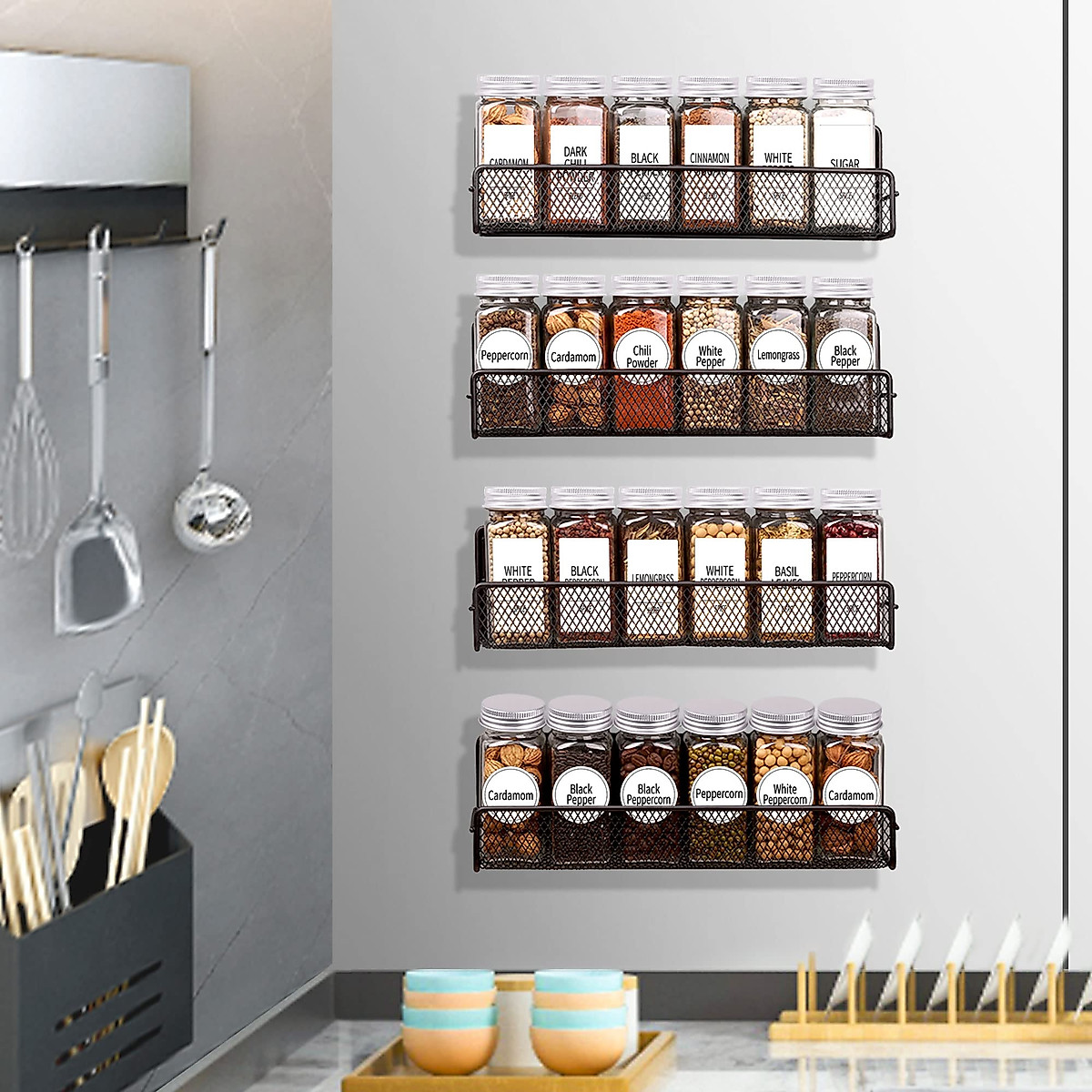 Churboro 4 Pack Magnetic Spice Rack Organizer with 24 Glass Spice Jars-Moveable Magnetic Shelf for Refrigerator- 4 oz Spice Containers with Labels, Medium, Metal Black