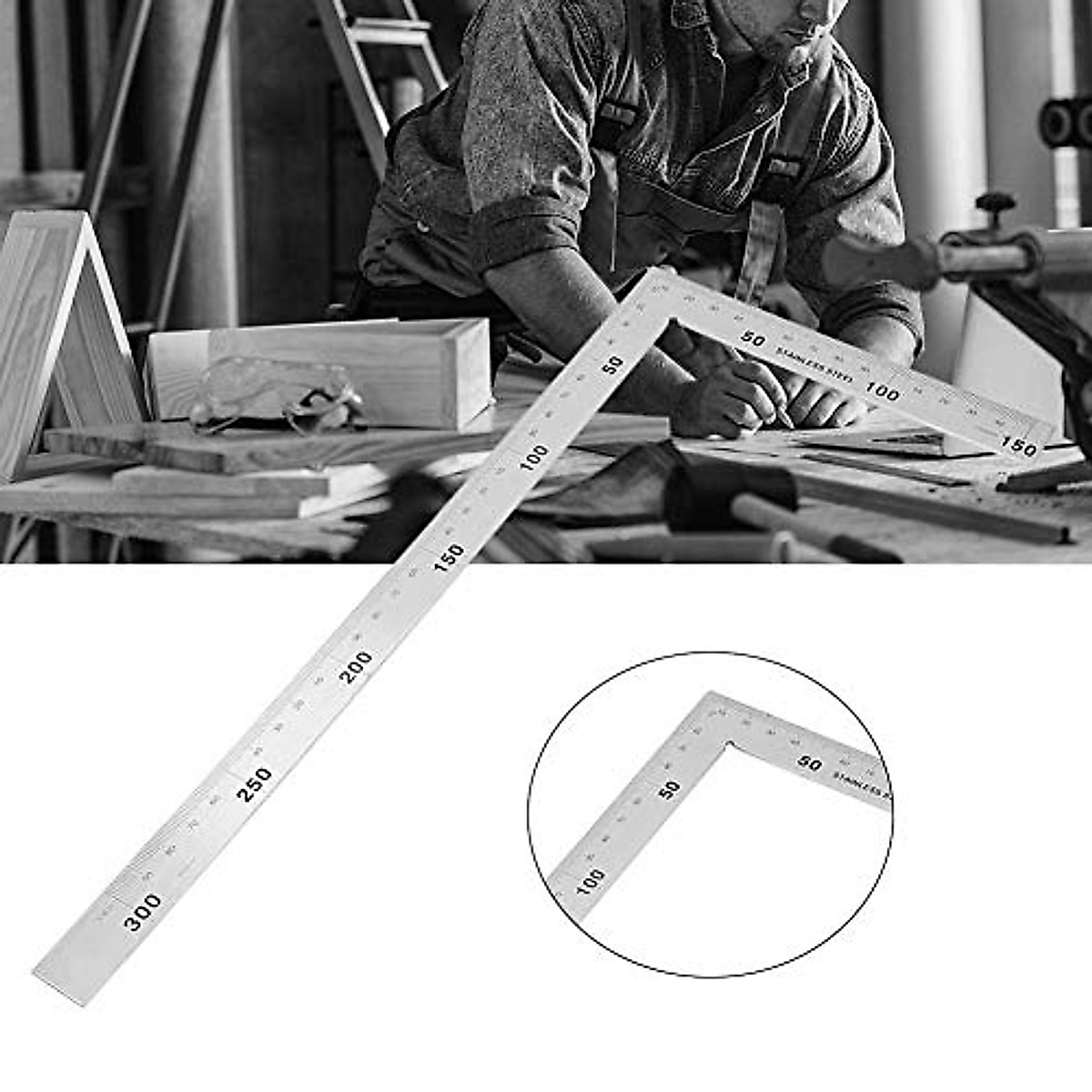 Bettomshin 1Pc L Shaped Ruler, 150x300mm Stainless Steel Straight Edge Ruler, 90 Degree Square Layout Tool, Thicken Right Angle Ruler Measuring Gauge for Carpenter Engineer, Random Font Color