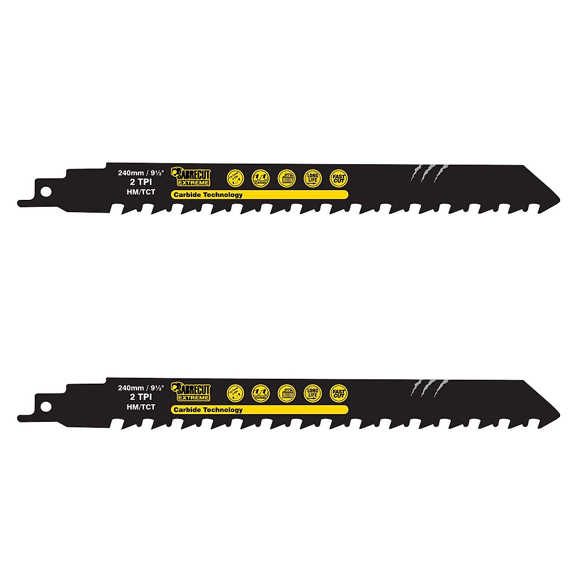 2 x SabreCut SCRS1543HM_2 Tungsten Carbide 9 29/64" (240mm) 2 TPI S1543HM Small Bricks Poroton Fibre Cement Concrete Straight Cutting Reciprocating Sabre Saw Compatible with Bosch Dewalt and others