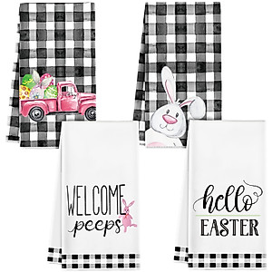 Happy Easter Kitchen Towels Set of 4 Buffalo Plaid Bunny Egg Easter Dish Towels Absorbent Drying Holiday Tea Towels Decorative Dish Cloths Easter Hand Towels for Home Decor Farmhouse Housewarming Gift