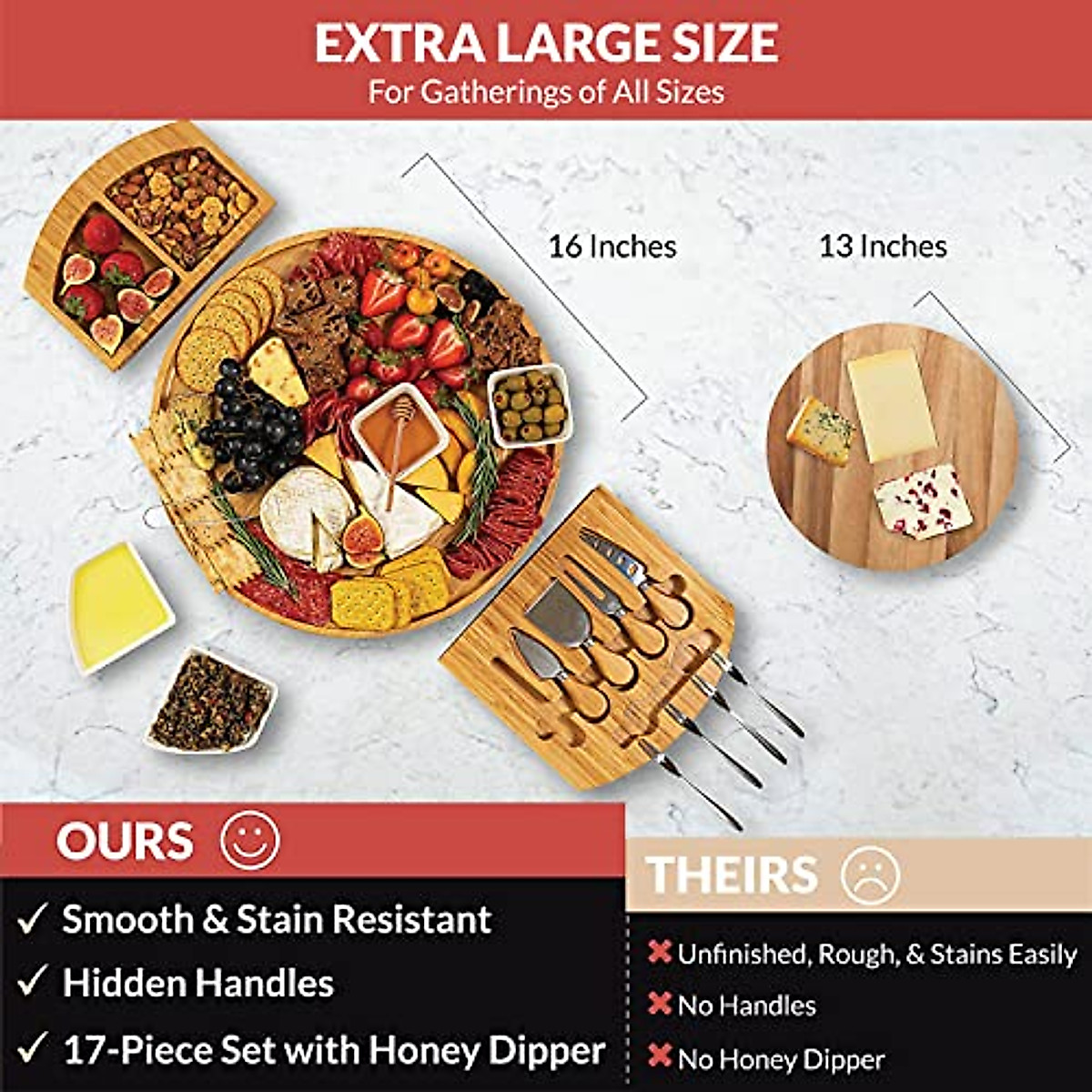 Large Round Charcuterie Board Set - 16 In, Round Cheese Board and Knife Set, Large Charcuterie Board, Round Cheese Board, Charcuterie Boards Extra Large, Wood Charcuterie Board Round, Charcuterie Tray