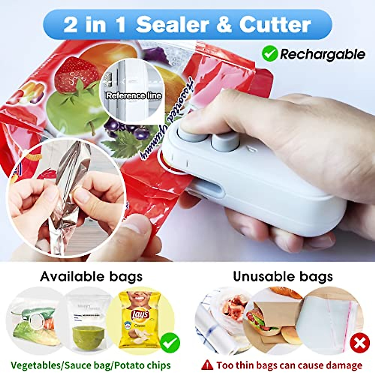 TYHJOY Mini Bag Sealer, 2 in 1 Chip Bag Sealer For Snacks, Rechargeable Handheld Plastic Bag Resealer, Mini Sealing Machine for Keep Food Chips Cookies Fresh - White