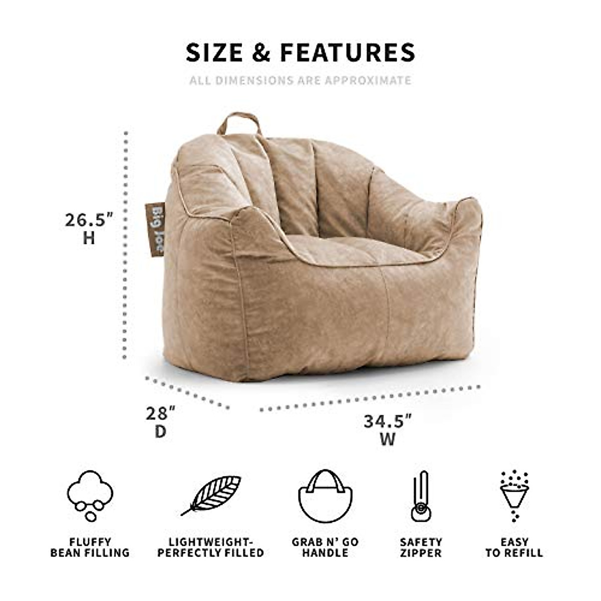 Big Joe Hug Bean Bag Chair, Caribou Hyde, Faux Polyester Blend, 3 feet