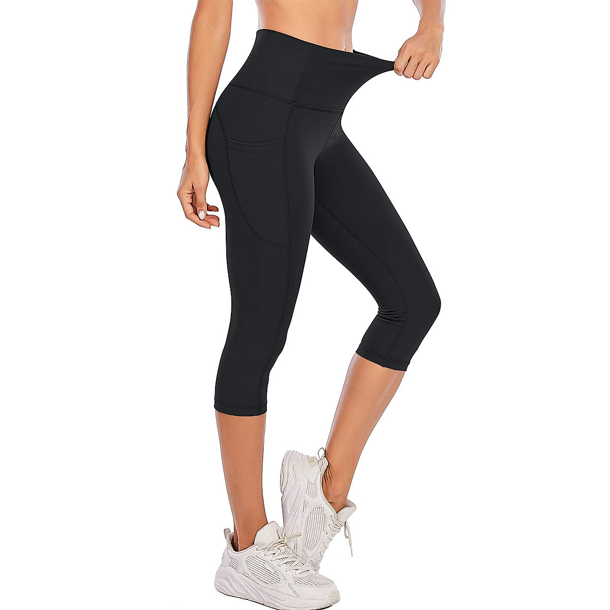 Steppe Naked Feeling High Waisted Yoga Pants Women's Workout Capris Leggings with Pockets Tummy Control Buttery Soft Running Compression Capris for Athletic Gym Exercise Fitness Black-XXL