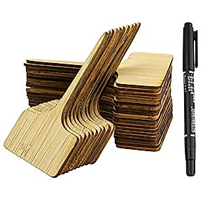 AMORNING 60pcs Bamboo Plant Labels (6 x 10 cm),T-Type Plant Tags with Bonus a Pen,Waterproof Garden Markers for Vegetables Herb Flower Seed Greenhouse Outdoor Potted Plants.