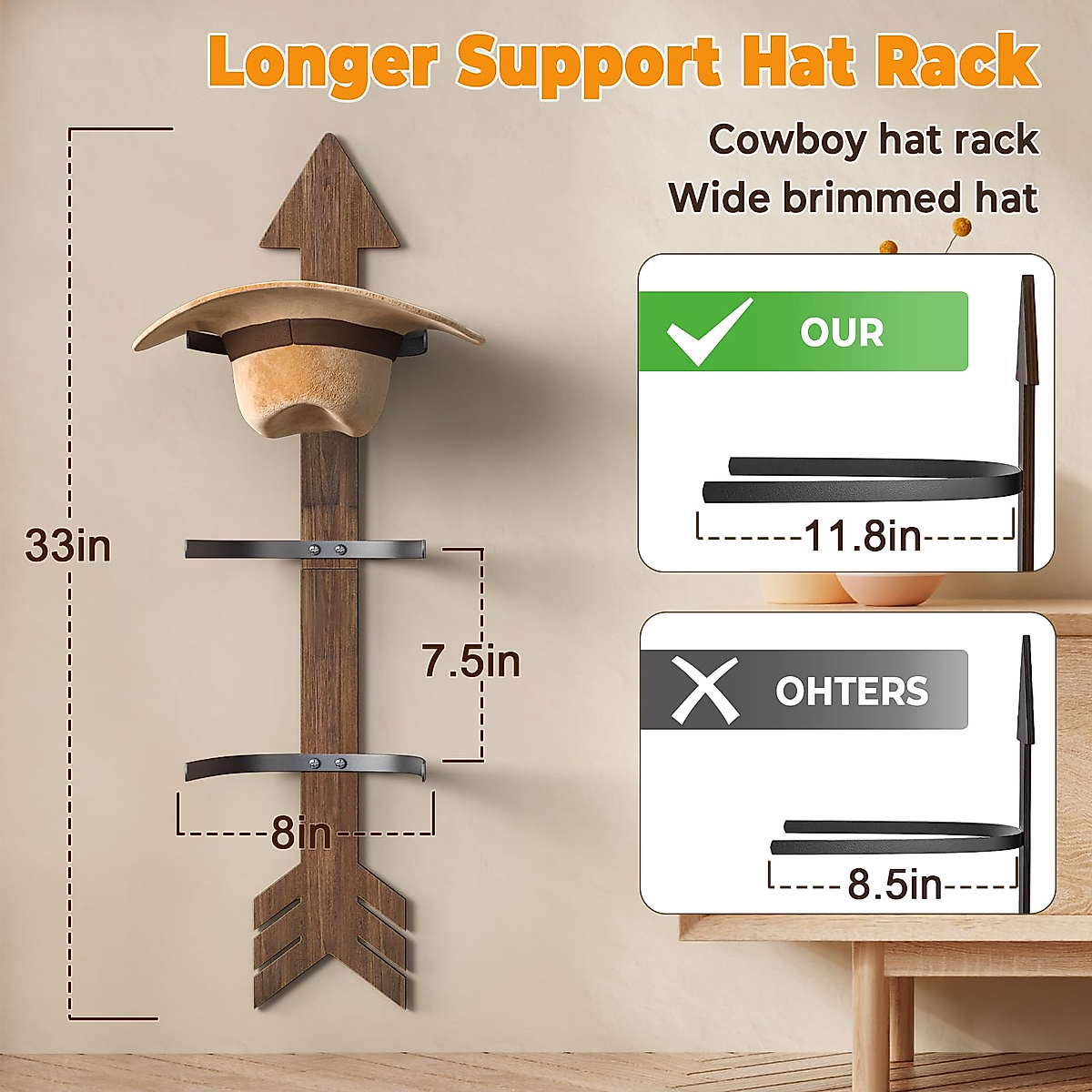 HYDERMUS Cowboy Hat Holder Rustic Wood Arrow Design Hat Organizer 4 Pieces Cowboy Hat Rack Western Decor Hat Storage Hat Hanger for Storage and Organization Walnut