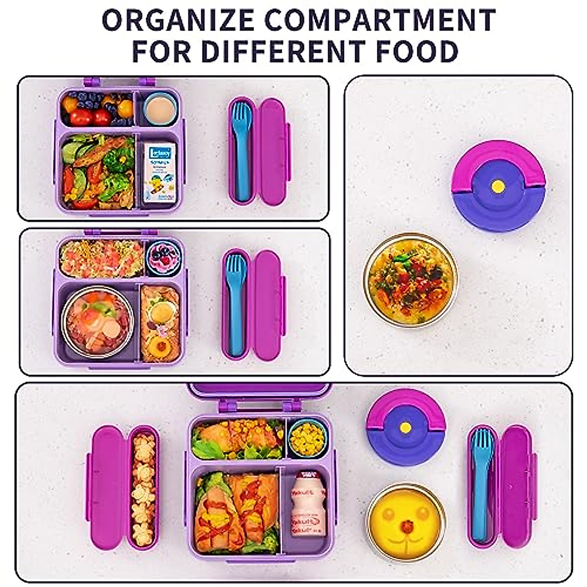 HAIXIN Bento Box for Kids - Insulated Lunch Box with Thermos for Hot Food, Leak-proof Kids Lunch Box with Cutlery and Snack Box, 4-Compartments Lunch Container for School Outdoors Office (Purple)