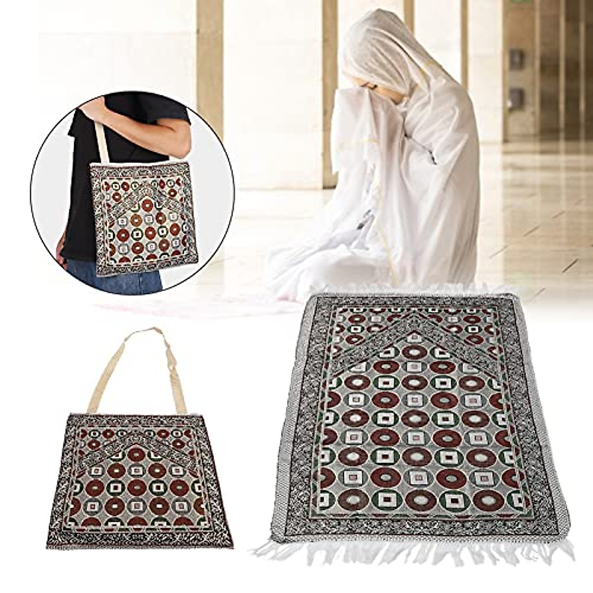 Muslim Rug with Bag Prayer Pilgrimage Blanket Islamic Worship Mat Teaching Supplies Cotton Yarn