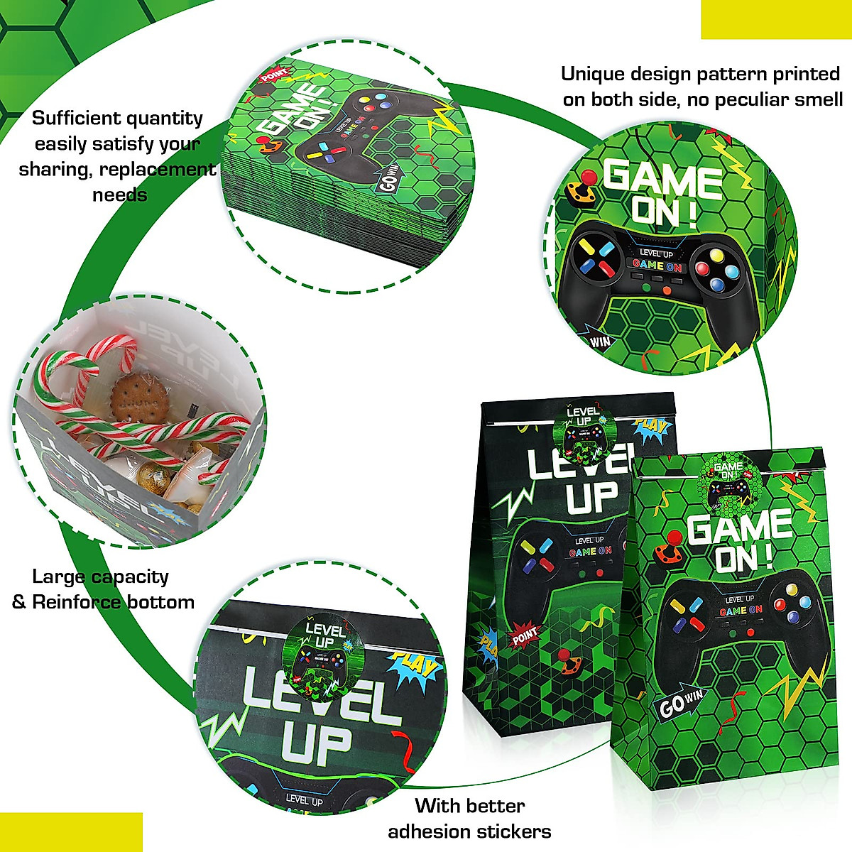 Geosar 30 Pcs Video Game Party Paper Bags Gaming Party Favors Gift Bags Gamer Theme Party Goodie Bags Boys Birthday Party Decorations Treat Candy Bags with 30 Stickers(Green)