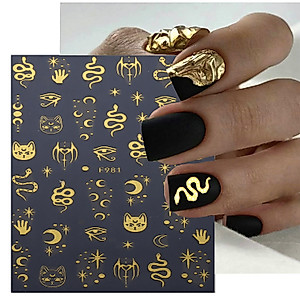 8 Sheets Gold Nail Sticker 3D Self-Adhesive Nail Decals Art Unique Moon Sun Stars White Cloud Snake Design Nail Art Sticker Decoration for Women Manicure Tips Acrylic Nails DIY Nails Art Supplies