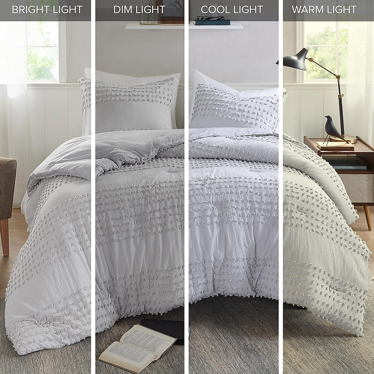 Comfort Spaces Cotton Comforter Set Jacquard Pom-Pom Tufts Design, Down Alternative, All Season Modern Bedding, Matching Shams, Full/Queen, Phillips, Grey, 3 Piece