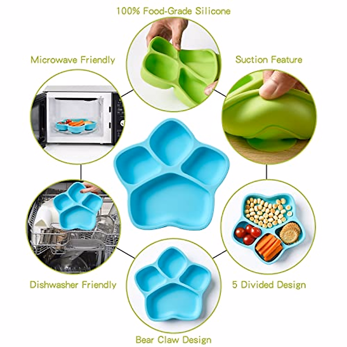 HEYTUYA 4 Pack Suction Plates for Baby & Toddler, 100% Food-Grade Silicone, 4 Large Divided Design, Microwave & Dishwasher Safe